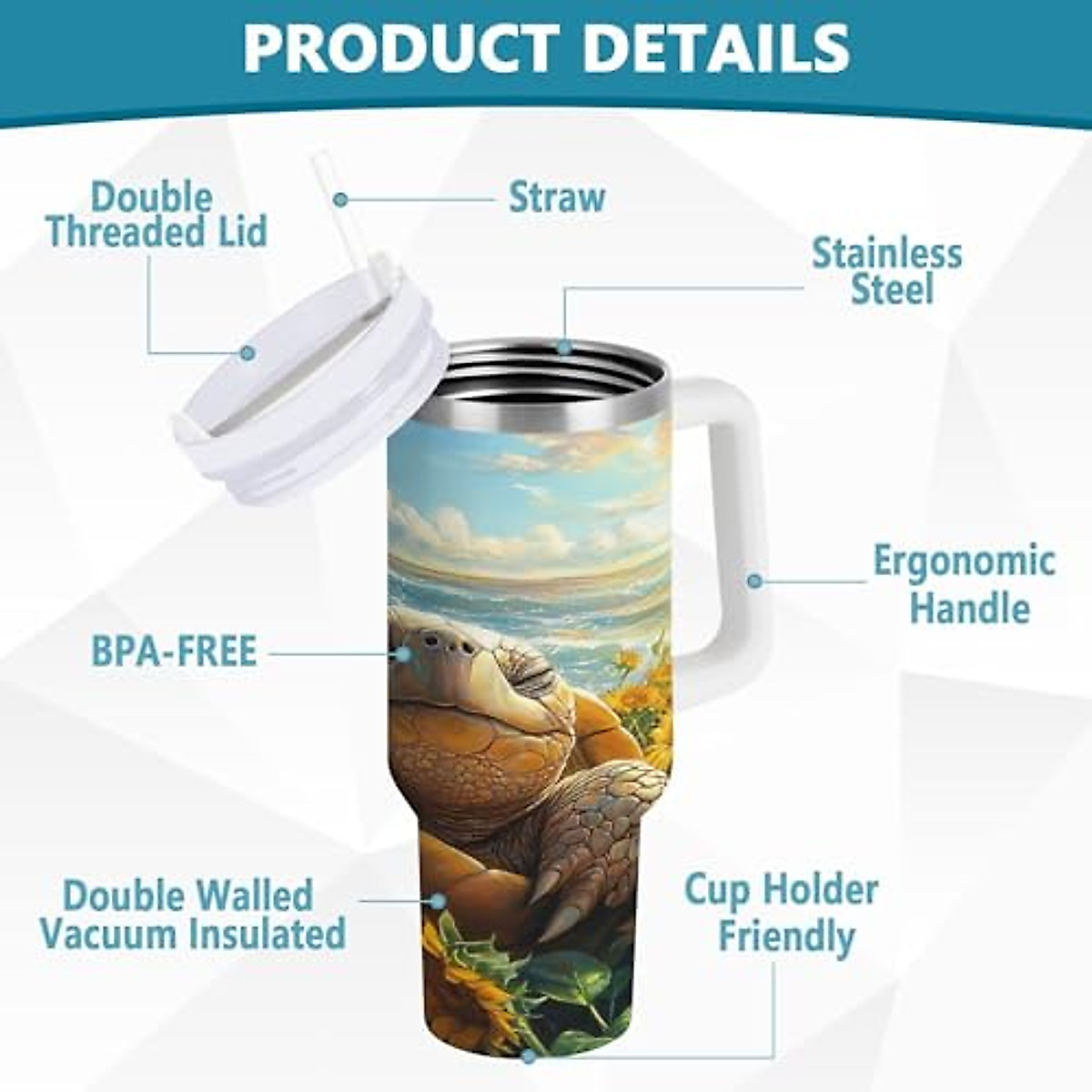 Slewiaeky Tumbler with Handle 40 oz Turtle Ocean Kawaii Travel Mug with Lid and Straw Sunflower Stainless Steel Vacuum Insulated Water Bottle Cup for Iced Tea Coffee Cold Beverages Cup Holder Friendl