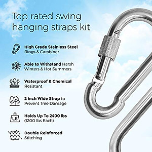 Tree Swing Straps, Set of Two Hanging Straps - Adults, Children or Toddler Swings for Outside/Inside, Hammock Straps with Four Heavy Duty Carabiners and Two M6 Swivels + Carry Bag + eBook