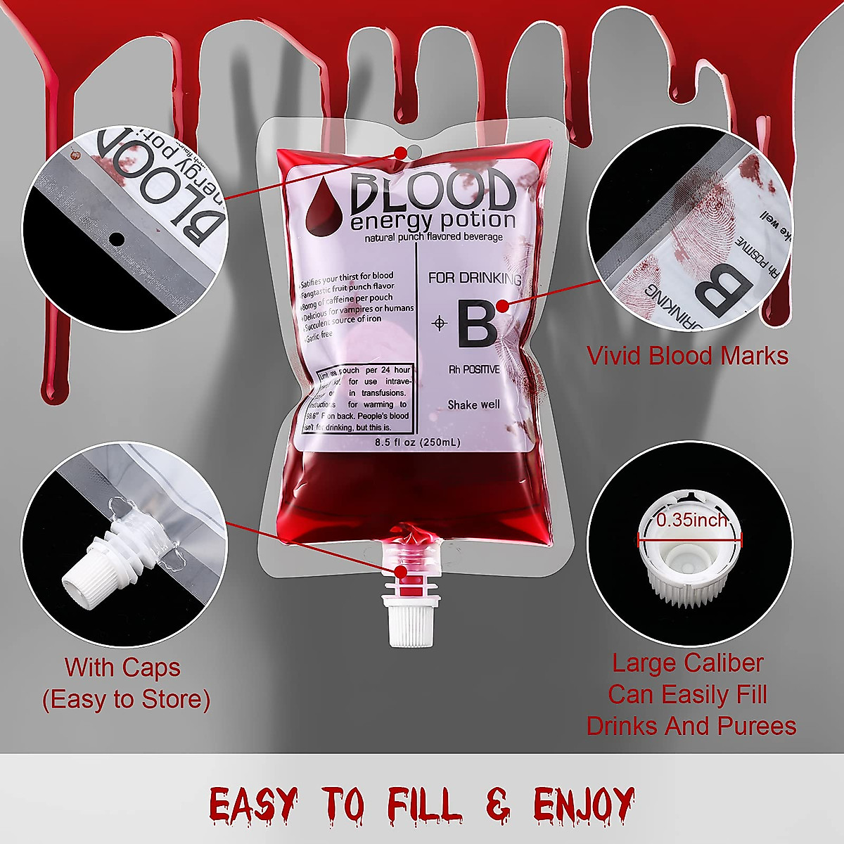 Nuenen 32 Pcs Halloween Blood Bags for Drinking, Vampire Party Drinking Pouches, Juice Puree Bag Reusable Energy Drink Container 8.5oz with Cap for Nurse Graduation Party