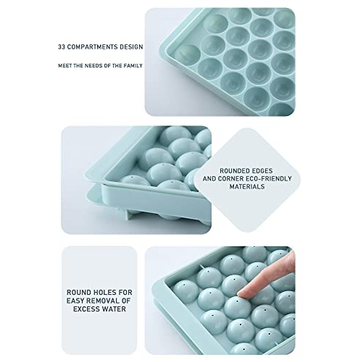 EWRITN Ice Cube Tray, Round Ice Ball Maker for Freezer,Circle Ice Trays Making 99pcs with Sphere Ice Balls Chilling Drinks （3Pack Blue Trays, 3 Steel Metal Straws,1 Ice Bucket Scoop & Tong）