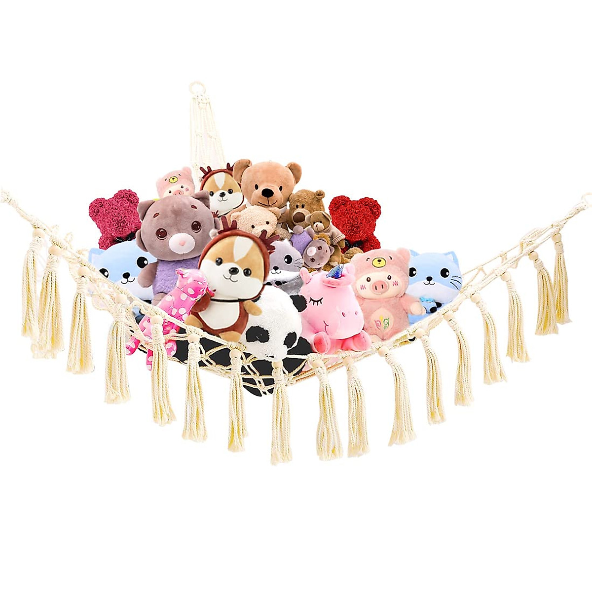 ROPECUBE Hanging Stuffed Animal Hammock, Handmade Stuffed Animal Storage Organizer With Boho Macrame Style, Corner Plush Toys Storage Organizer for Nursery Kid Room Playroom