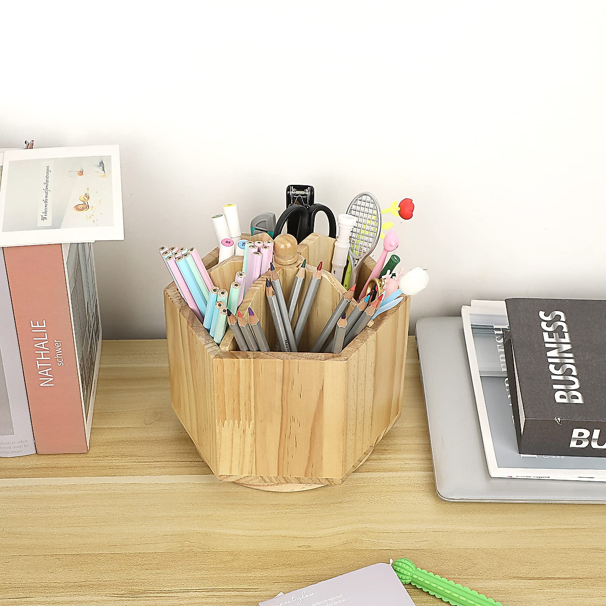 JUXYES Rotating Utensil Holder for Kitchen Countertop, Wood Utensil Organizer with Removable Divider, Rotatable Flatware Caddy Cutlery Holder Silverware Organizer for Kitchen Dining Tables