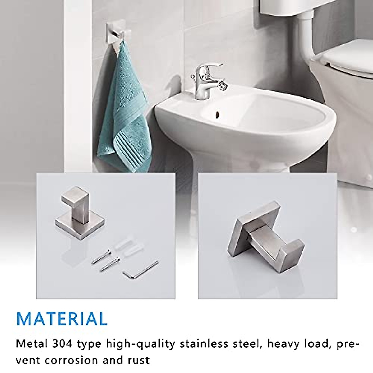 4-Piece Bathroom Hardware Set, Stainless Steel Wall Mounted Square Bathroom Accessories Kit, Include 16 Inch Hand Towel Bar, Toilet Paper Holder, Hand Towel Rack, Towel Hook(Brushed Nickel)
