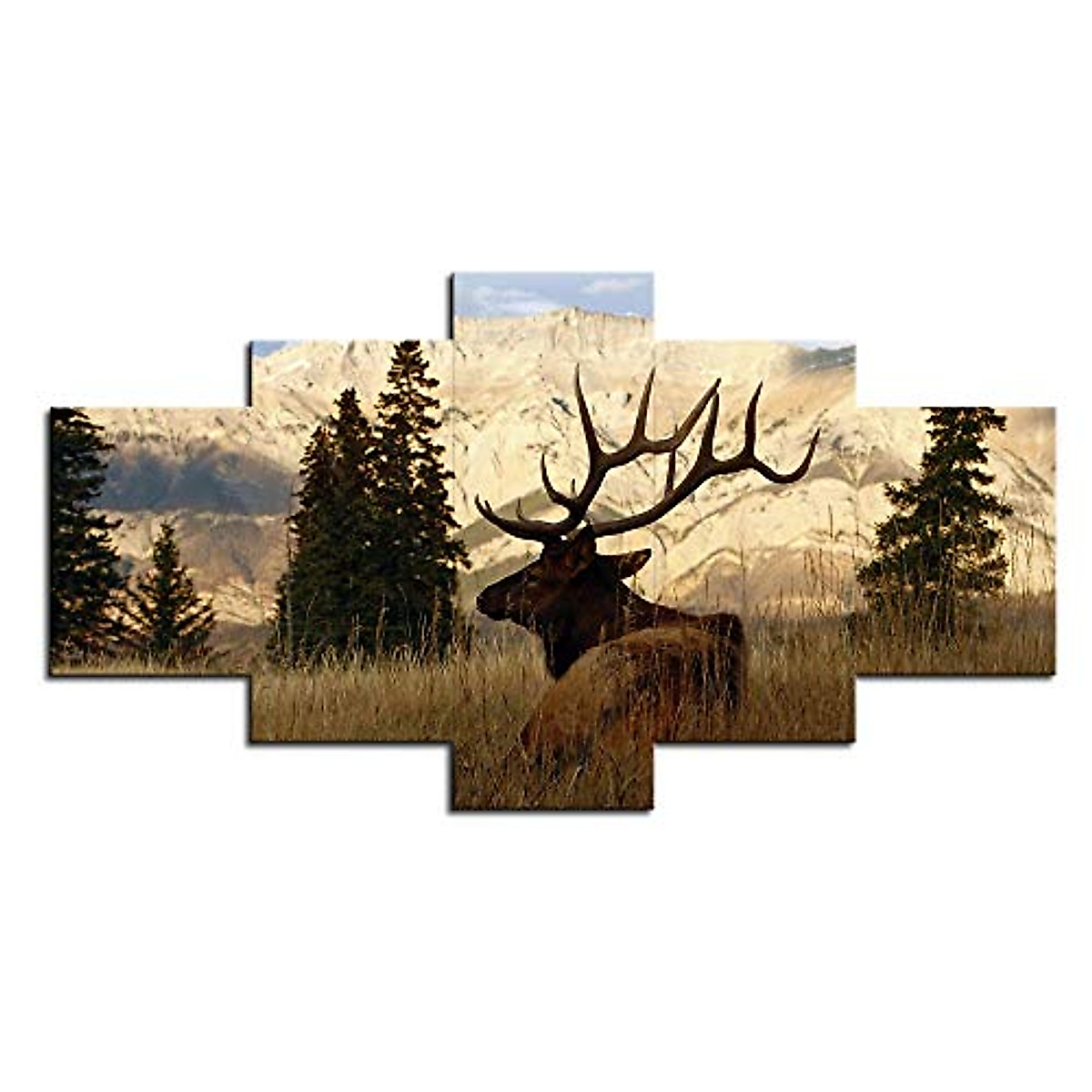 Nature Calligraphy Animal Scenery Elk Wall Art Deer Canvas Hunting Wall Decor Deer Decor for Living Room Wall Decor Deer Wall Art Deer Pictures Large 5 Panel Printed Painting Framed [60''W x 32''H]