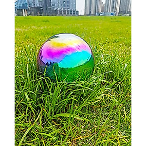 Missmore Gazing Globe Mirror Ball in Rainbow Stainless Steel, Mirror Polished Hollow Sphere Sparkling Outdoor Ornament (Globe-200mm-8in-1pc-Rainbow)