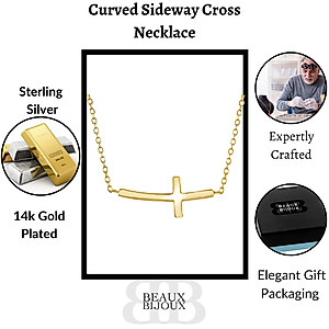 Beaux Bijoux 14k Gold Plated Silver Sideways Cross Necklace | Confirmation and Communion Gifts for Women | Gold Curved Cross Pendant for Women