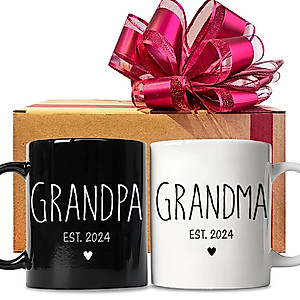 FALJIOK 2Pcs Grandparent Coffee Mugs 11oz Est 2024 Set, 2024 Best Congratulatory Gifts for Grandparent Mom Dad, Christmas Birthday Thanksgiving Gifts for Grandma Grandpa Black & White