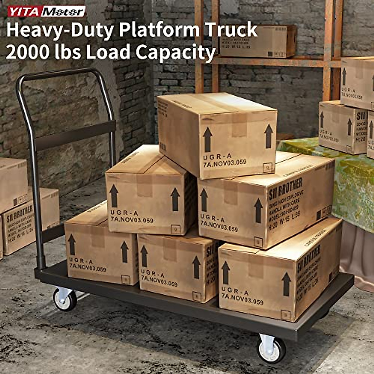 YITAMOTOR Platform Truck Push Dolly, 2000lb Capacity Push Cart Heavy Duty Rolling Flatbed Cart, Large Portable Dolly with 4 Swivel Wheels for Loading(2 Wheels with Brake)(47" L x 24" W)