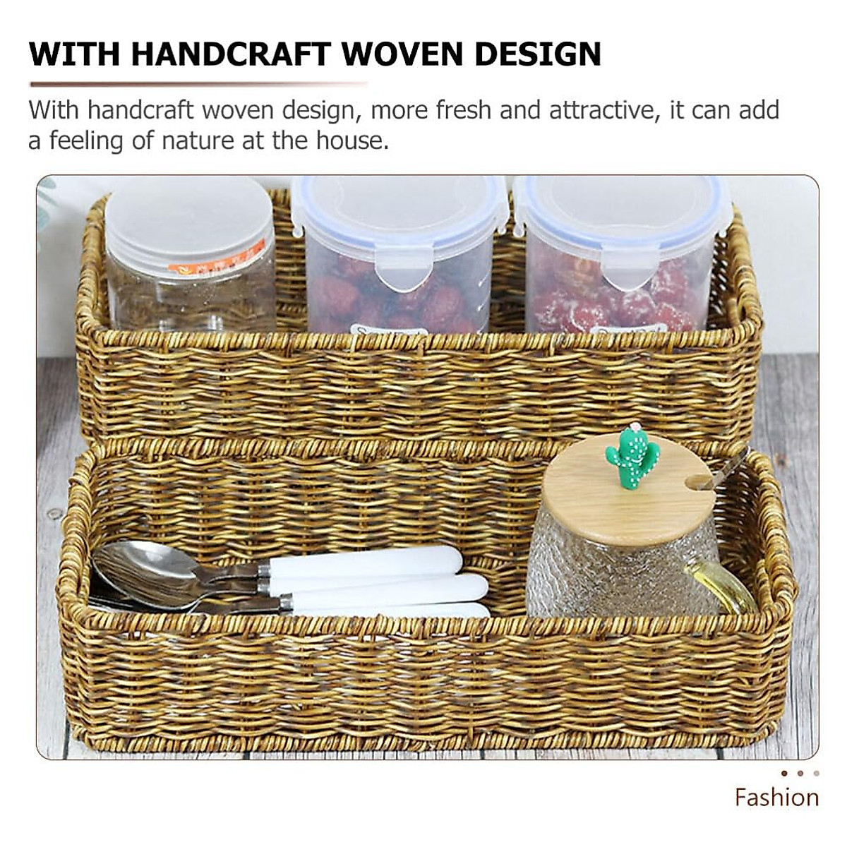 BESTonZON Plastic Woven Storage Basket Rattan Kitchen Cutlery Holder Stand Silverware Basket Kitchen Utensil Drawer Organizer Farmhouse Serving Basket for Kitchen Office