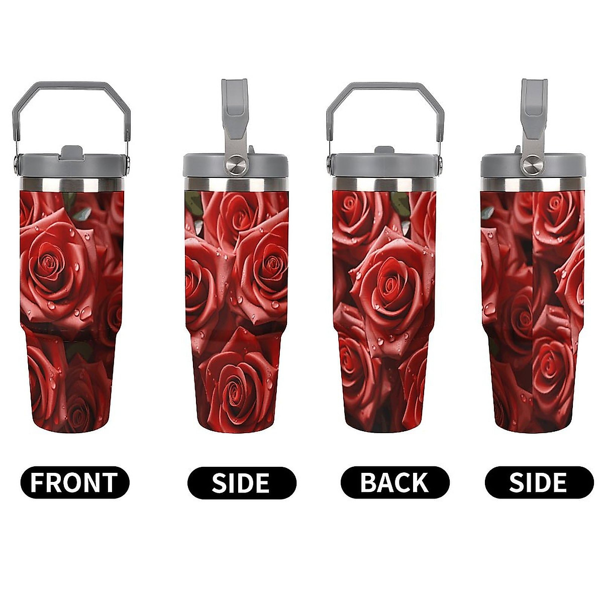 Many Red Roses Tumbler 30oz Large Capacity Car Cup with Handle Fit in Any Car Cup Holder Stainless Steel Leakproof Insulated Coffee Tumblers with Lid And Straw