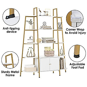 finetones Triple Wide 5-Tier Bookcase with Cabinet, White Bookshelf with Gold Metal Frame, Industrial Style Free Standing Bookshelf, Adjustable Feet, Large Open Display Shelves for Home & Office