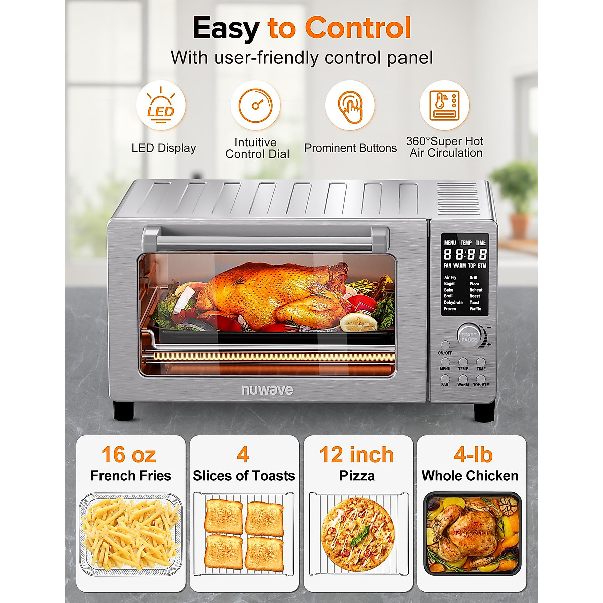 Nuwave Bravo Pro Smart 21QT Toaster Oven Air Fryer Combo, Convection Oven Countertop, 12 functions all in 1, with even & quick crisp technology, 50-450°F, 1800W, Stainless Steel