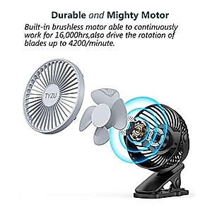 TYZU 5 Inch Clip on Fan, 3-Speed Desk Fan, 2500mAh Battery Operated Portable Stroller Fan with Strong Clamp, Small Dorm Fan with Strong Airflow, 360°Rotate, Quiet USB Fan for Bed Office Treadmill