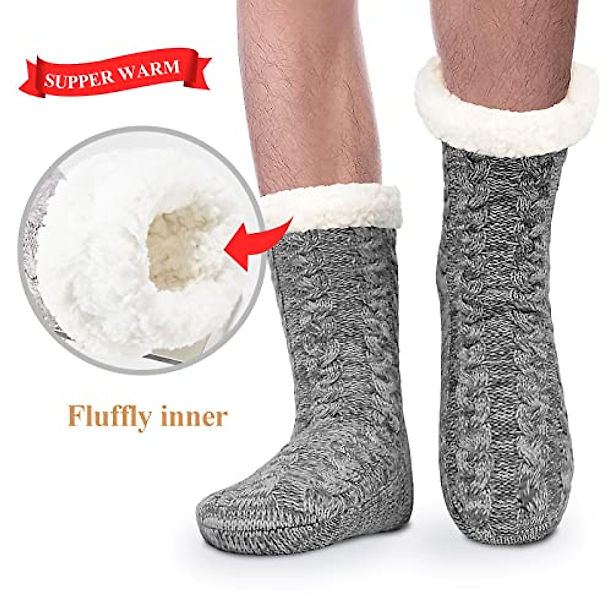 SIMIYA Mens Warm Fleece Lined Winter Soft Non Slip Socks Christmas Gift Mens Slipper Socks(Grey), Medium