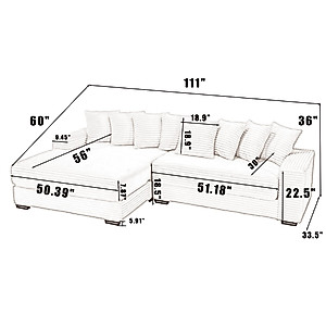 WILLIAMSPACE 111" Sectional Sofa Couch for Living Room, Modern Upholstered L-Shape Sofa 3 Seater Couch with Chaise & Pillows, Contemporary Corner Sofa for Apartment, Corduroy (Left-Facing,Gray)