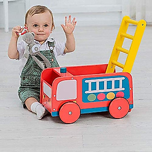 labebe -Wooden Walker 4 Wheels, Kids Push Wagon Cart Red, Push Toy Walker for Girl/Boy 1-3 Years Old, Toy Shopping Cart, Wooden Wagon Toy, Baby Activity/Learning Walker Infant- Red Fire Truck