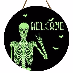 Halloween Door Sign Fluorescent Skull Door Wreath Wooden Spooky Skeleton Welcome Sign Door Hanger Sign Front For Door Decoration Door Hanging Farmhouse Porch Wall Decor Indoor Outdoor