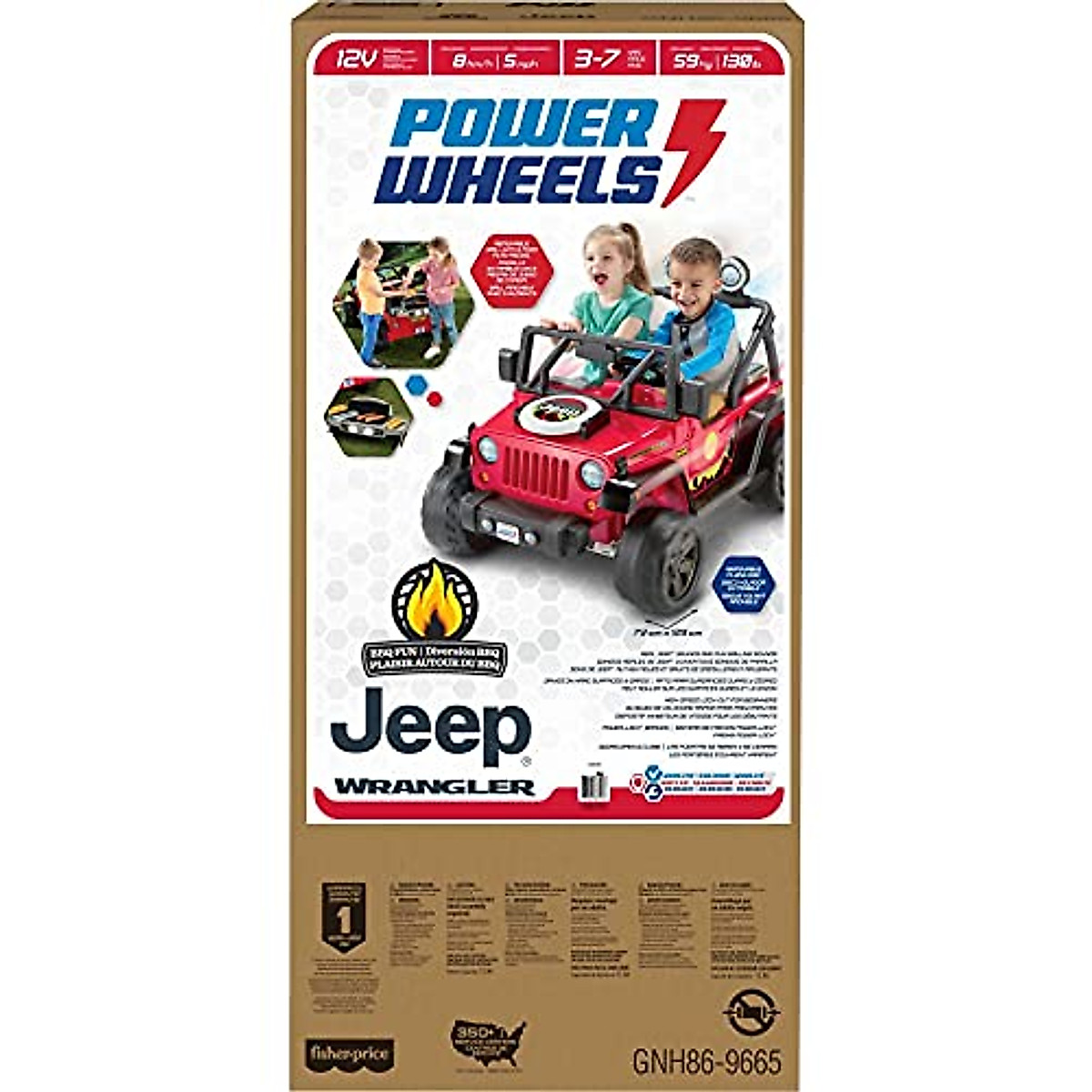 Power Wheels Ride-On Toy BBQ Fun Jeep Wrangler Battery-Powered Vehicle with Sounds, Pretend Grill & 5 Food Pieces, Preschool Kids 3+ Years​