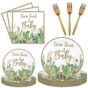 Sunnyray 96 Pieces Taco Baby Shower Plates and Napkins Taco Bout A Baby Baby Shower Party Supplies Dessert Plates Napkins Forks for 24 Guests