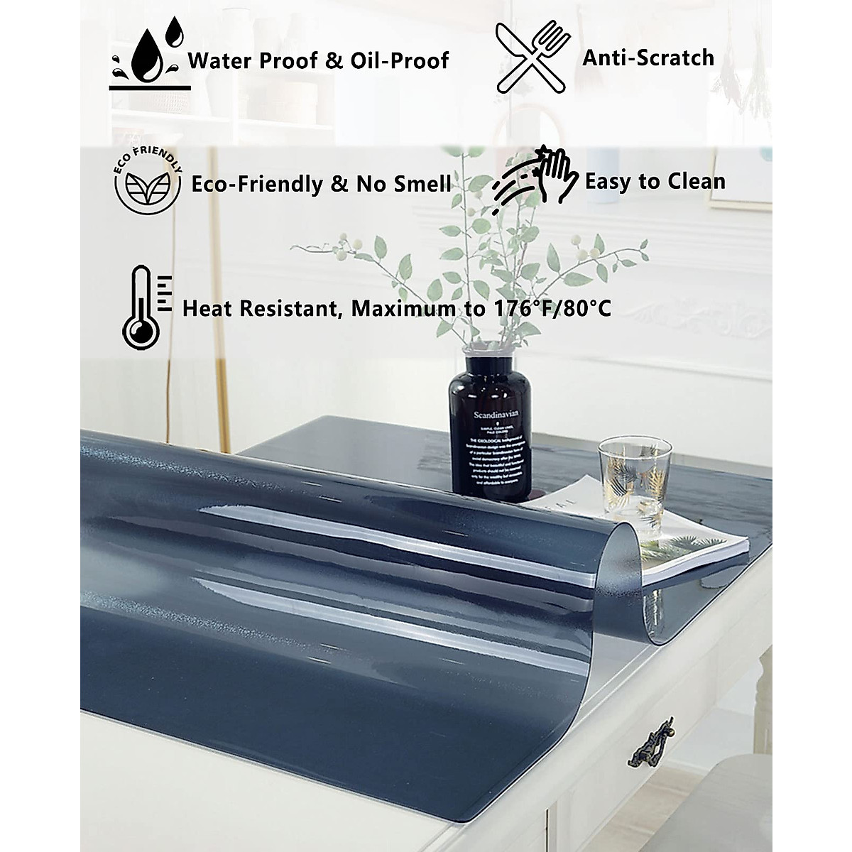 HQYG 1.6mm Thick 54x54 Inches Frosted Table Cover Protector, Square Table Protector for Dining Room Table, Plastic Tablecloth Protector, Table Pad for Kitchen Wood Grain, Black Frosted