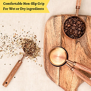 Copper Stainless Steel Measuring Cups and Spoons Set of 8, Wooden Handle with US Measurements, Metric Cups and Spoons for cooking and baking