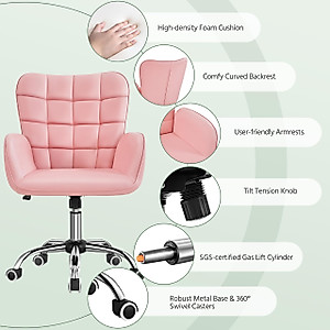 Yaheetech Faux Leather Office Chair Modern Vanity Chair Ergonomic Adjustable Makeup Chair with Padded Armrests Big Seat for Office, Study, Home, Pink