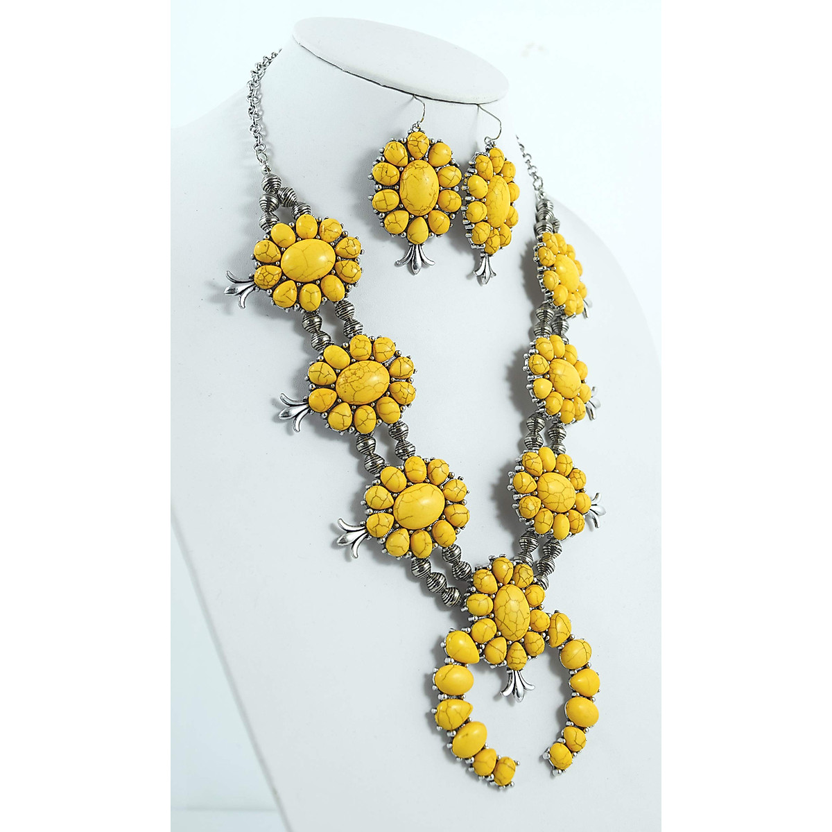 tipi Southwestern Faux Turquoise Squash Blossom Statement Necklace & Earrings Set (Yellow)