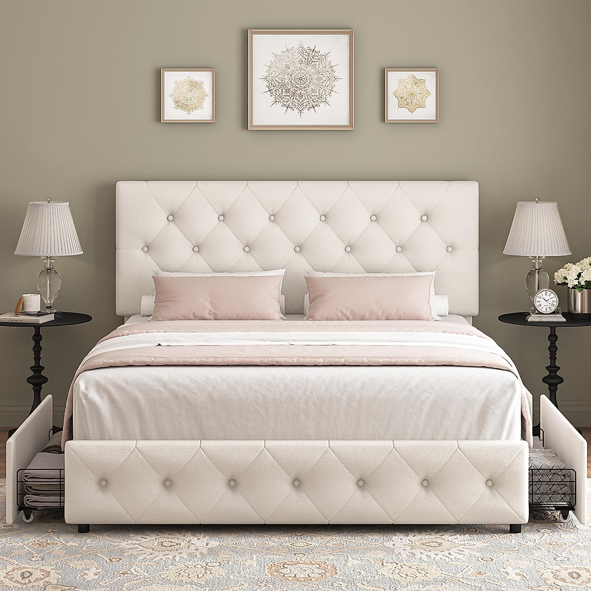 Keyluv Modern Upholstered Bed Frame with 4 Storage Drawers, Button Tufted Headboard Design, Solid Wooden Slat Support, Easy Assembly, Fabric, Beige, Queen Size