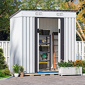 JAXPETY 4' x 6' Large Outdoor Storage Shed Box, Backyard Garden Steel Utility Tool Sheds Lawn Building Garage Organizer w/ Sliding Door, Inclined Roof, 2 Vents, Gray