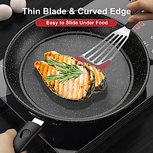 Beijiyi Fish Spatula Turner Set of 2, Heat Resistant Silicone Edge Slotted Fish Spatulas for Nonstick Cookware, Flexible and Thin Stainless Steel Kitchen Cooking Spatula Flipper for Fish, Egg, Pancake