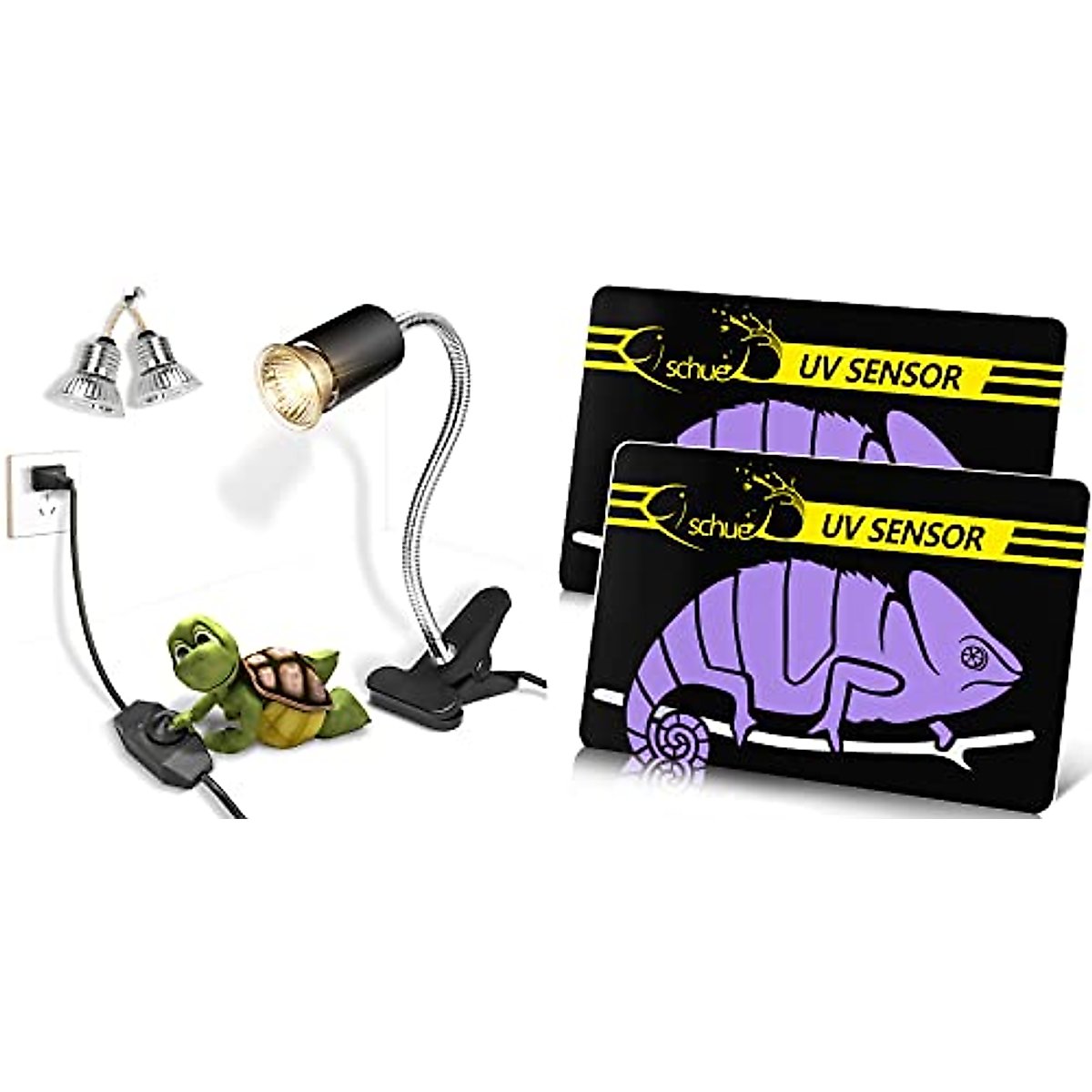 Fischuel Reptile Heat Lamp with Clamp,Dimmable Switch(Bulb Included) & UV Teating Card, Quick Test UVB Sensor, Over 500 Times Reusable (2 Packs)