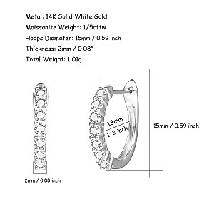 FANCIME Mothers Day Gifts 14k Solid White Gold Round Cut Prong 1/5cttw Moissanite Hoop Earrings Small Little Tiny Huggie Hoop Earrings Dainty Fine Jewelry for Women D-E Color VVS Clarity - 15mm