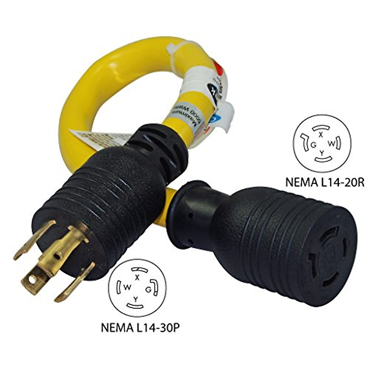 Conntek PL1430L1420 30-Amp 125/250-volt Model L14-30P Locking Plug for Model L14-20R 20-Amp 125/250-volt Locking Female Connector Adapter Cord, Yellow with Black