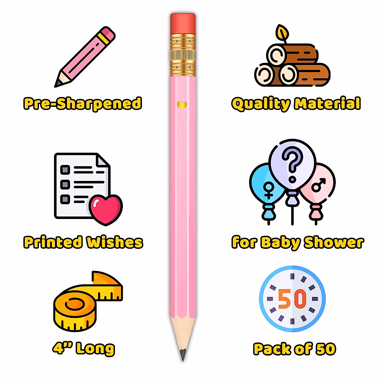 Vusnud 50 Packs - Baby Shower Sharpened Half Pencils with Erasers, Pre-sharpened Pencils for Baby Shower Games, 4 Inches