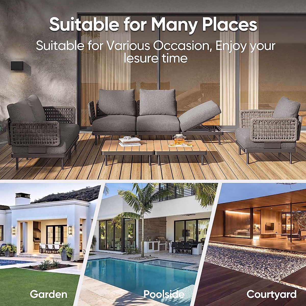 WOWT Modular Sectional Sofa, Convertible L Shaped Couch Set with Rattan Armrest,Modern Modular Sectional Sofa, 5-Seater Corner Sectional Sofa for Living Room,Apartment,Garden,Gray