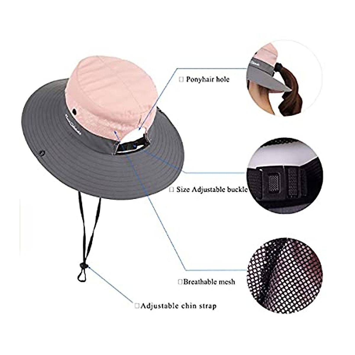 Womens Beach Sun Hat Mesh High Ponytail Hole Wide Brim UV Protection Bucket Hat Outdoor Fishing Cap Summer 22.5" (as1, Alpha, m, Pink)