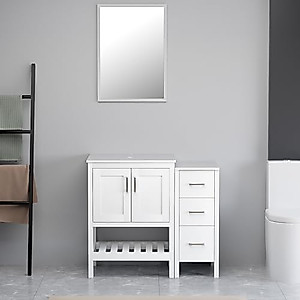 eclife 36" Bathroom Vanities Sink Combo with Side Cabinet, Modern MDF White Cabinet with Open Shelf, Mirror (Vanity Only)