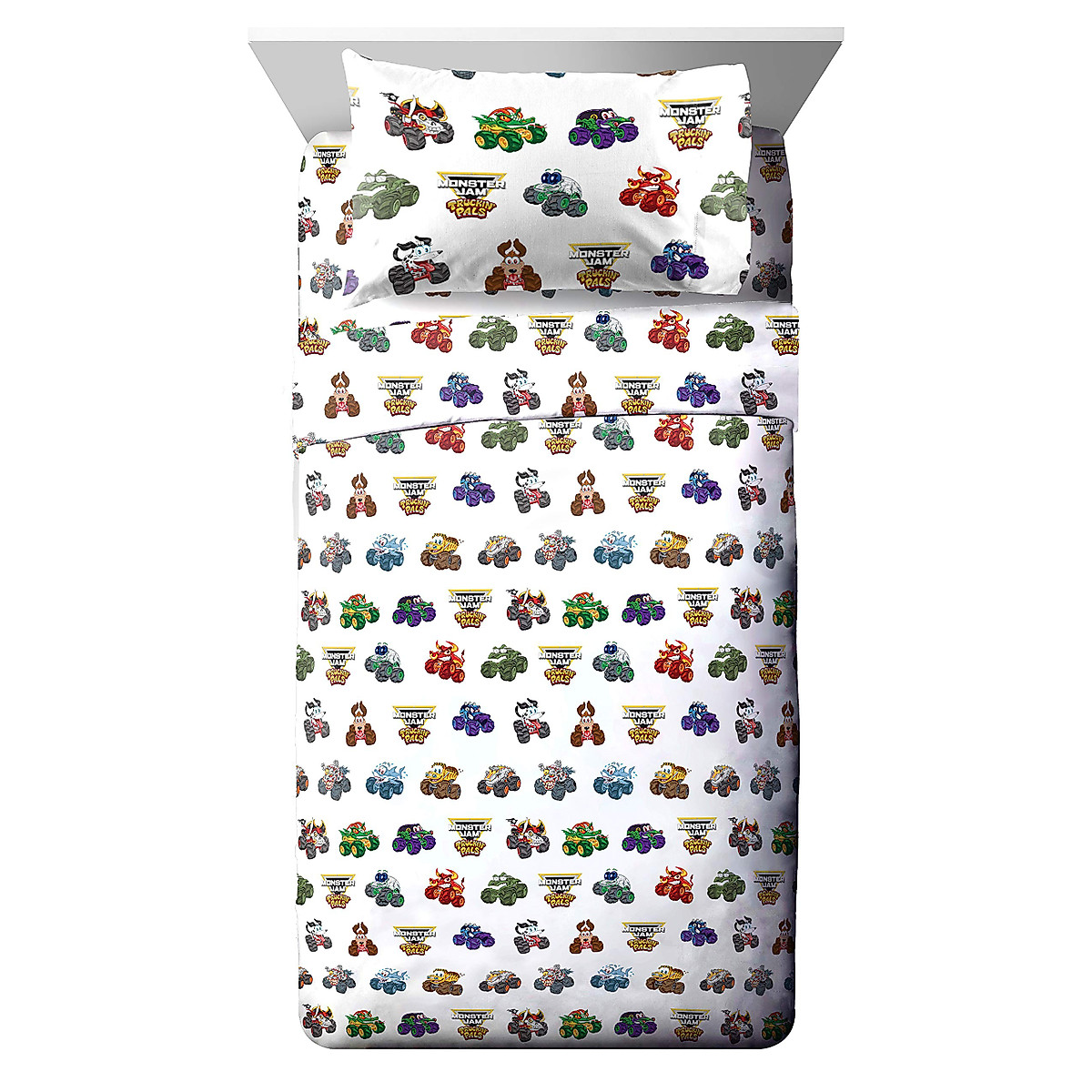 Jay Franco Monster Jam Truckin' Pals 4 Piece Toddler Bed Set - Includes Comforter & Sheet Set - Bedding Features Grave Digger & Megalodon - Super Soft Fade Resistant Microfiber