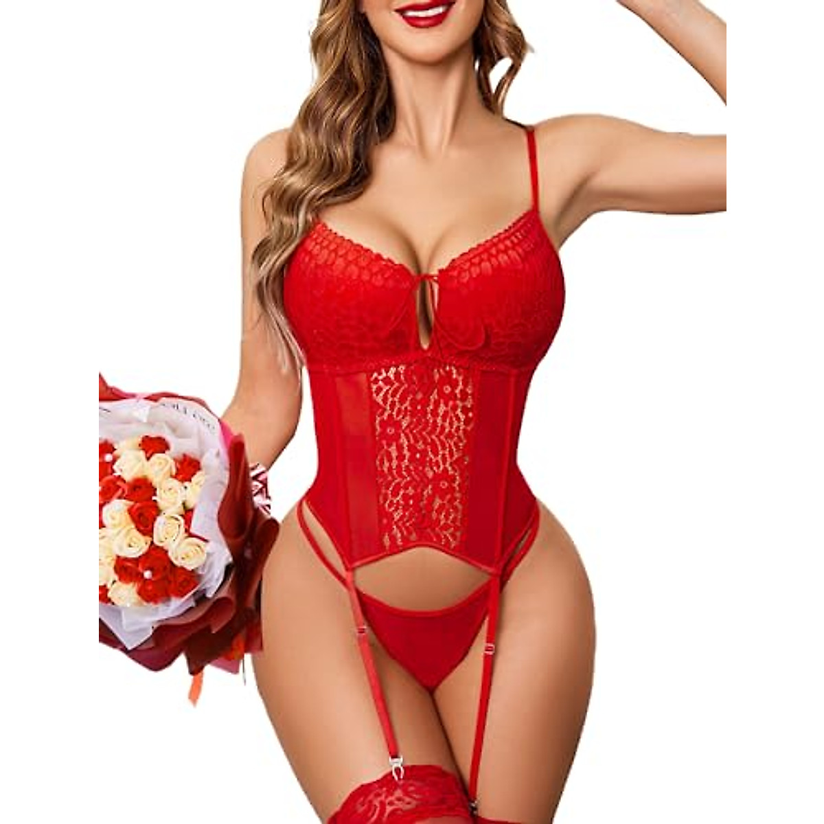 Avidlove Christmas Lingerie for Women Lace Santa Lingerie Set Tummy Control Lingerie Bodysuit Red