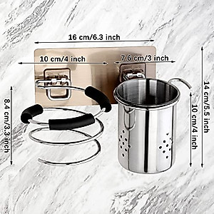 Hair Dryer Holder Wall Mount, LIOUCBD Blow Dryer Holder with Cup, Nail Free Hair Tools Organizer, Stainless Steel Bathroom Storage Set for Comb Makeup Brushes