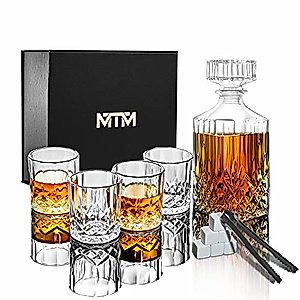 Whiskey Decanter Set 7 Pieces ，Crystal Whiskey Bottle With Glass Stopper, 4 Whiskey Glasses, 6 Cooling Whiskey Stones and Ice Clips, Whiskey, Scotch, Men, Holiday Gifts, Bar Essentials, 32OZ