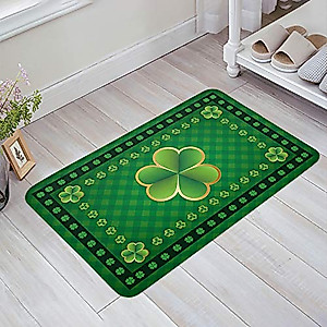 Front Door Mats Outdoor Indoor Kitchen Mat, Green Checked Clover on St. Patrick's Day Entrance Doormat Non-Slip Bathroom Rugs Washable Floor Mats for Sink/Porch, 18" x 30"