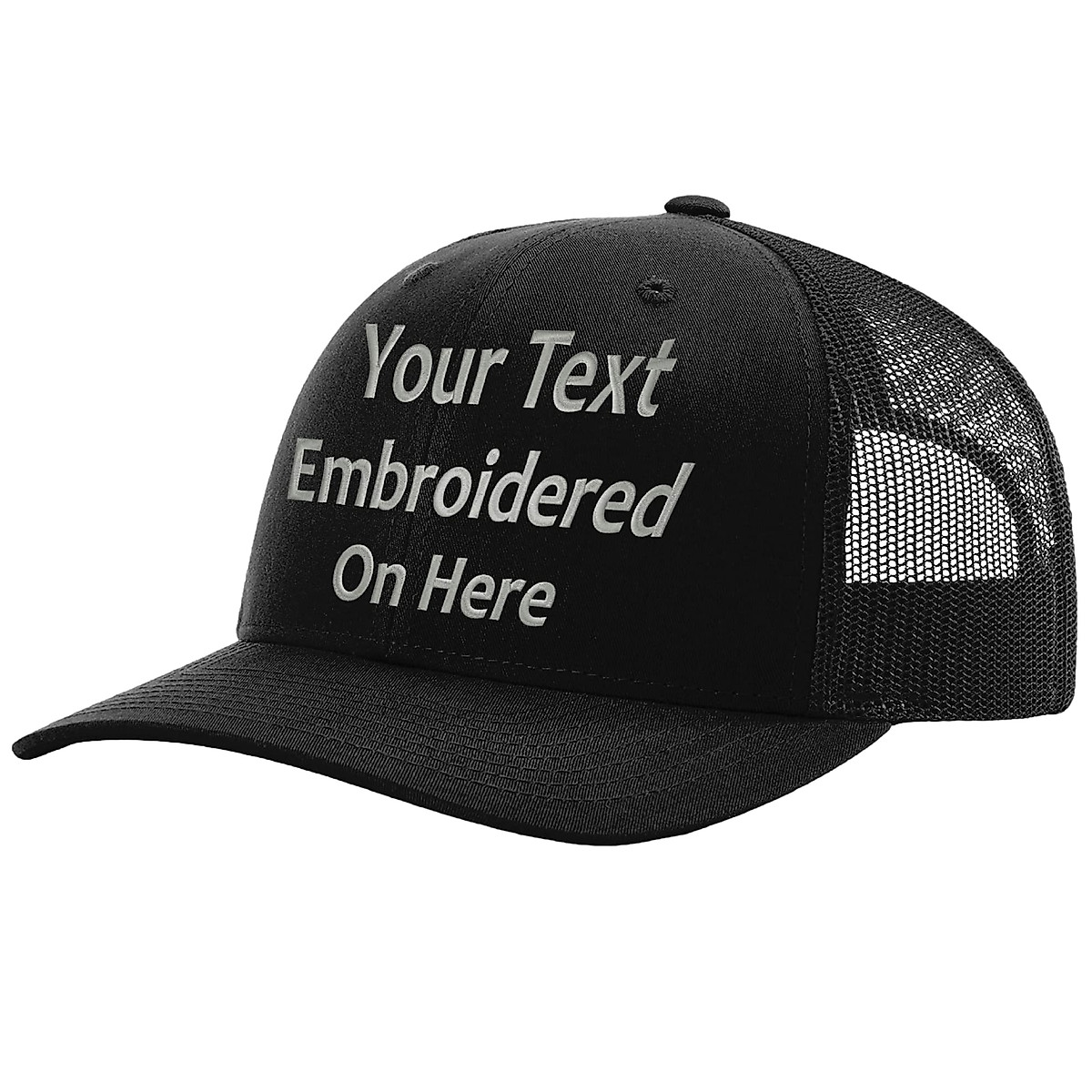 Custom Richardson 112 Hat with Your Text Embroidered Trucker Mesh Snapback Cap (Solid Colorway, Black)