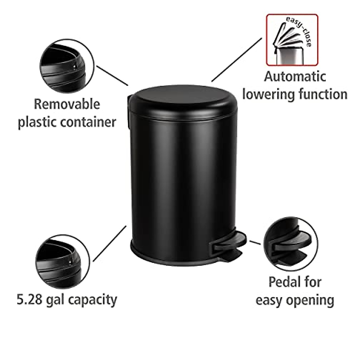 WENKO Black, Trash Can with Lid and Pedal, Garbage Bin for Kitchen with Removable Inner Bucket, Easy Close, Steel, Matt, 5.28 Gal, 12 x 17.32 x 14.76