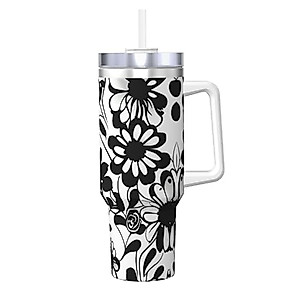 HULIBIN Black and White Flowers Print Double Deck Stainless Steel Travel Coffee Cup With Lid 40 Oz Ice Bully Cup
