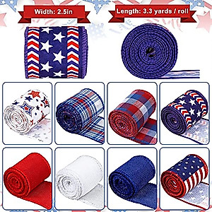 Whaline 8 Roll Independence Day Wired Edge Ribbon Patriotic Star Stripe USA Flag Burlap Ribbon 26 Yard Red Blue White Fabric Ribbon for 4th of July DIY Gift Wrapping Wreath Crafts Decor, 2.5 Inch