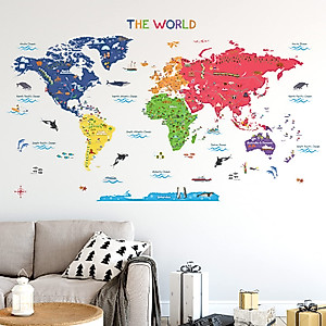 BASHOM BS-115 Large Animal Landmarks World Map Wall Decals Educational Stickers for Kids Nursery Bedroom Living Room Classroom Peel Stick Removable Poster mapa Mundi para pared Art