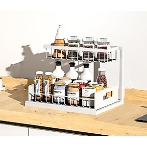 Alphyse Under Sink Organizers and Storage,2-Tier Metal Pull Out Under Sink Organizer,Multi-Purpose Slide Out Under Sink Storage for Kitchen Office Living Room Bathroom(White)