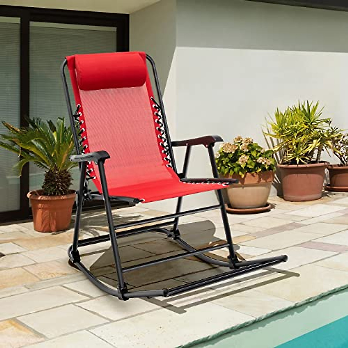 Tangkula Outdoor Folding Rocking Chair, No Assembly Required, Foldable Rocker Recliner with Headrest, Portable Lounge Chair for Camping, Patio, Lawn, Garden, Yard or Balcony