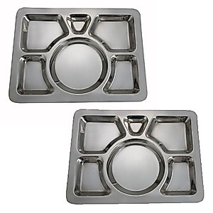SET OF 2-6 Compartment Cafeteria Food Tray, Cafeteria Eating Mess Tray - Stainless Steel